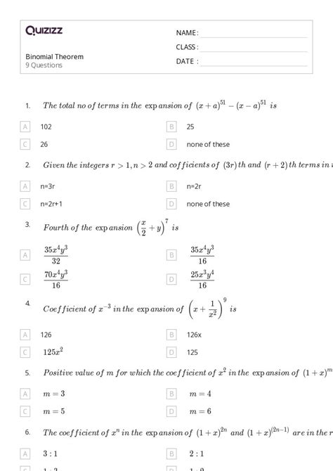 50 binomial theorem worksheets on quizizz free and printable