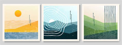 벡터 그림입니다 바우하우스 중반 세기 현대 그래픽 70 년대 복고풍 펑키 그래픽 그런지 텍스처 미니멀 한 풍경 세트 추상 적인 모양입니다 웹 배너 소셜 미디어 템플릿을 위한