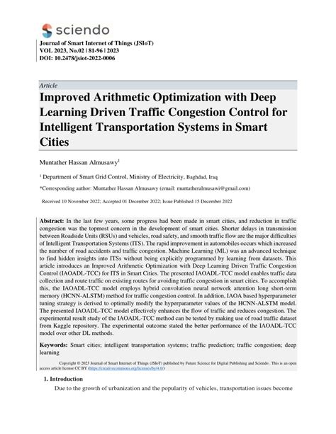 Pdf Improved Arithmetic Optimization With Deep Learning Driven Traffic Congestion Control For