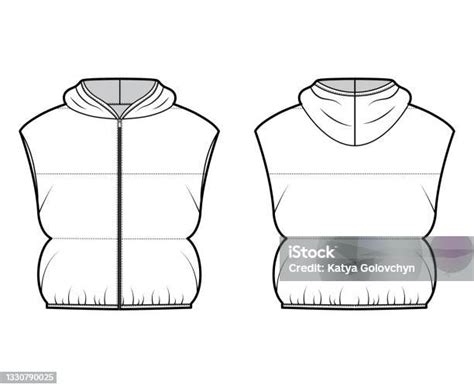 후드 다운 조끼 퍼퍼 조끼 조끼 기술 패션 일러스트 와 Zipup 클로저 느슨한 작물 길이 넓은 퀼팅 3차원 형태에 대한 스톡