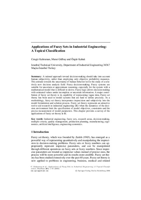 Pdf Applications Of Fuzzy Sets In Industrial Engineering A Topical Classification