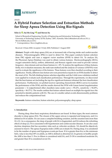 Pdf A Hybrid Feature Selection And Extraction Methods For Sleep Apnea Detection Using Bio Signals