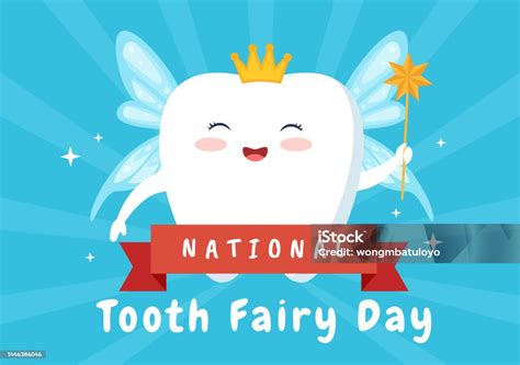 어린 소녀와 함께하는 전국 치아 요정의 날은 평평한 만화 손으로 그린 템플릿 그림의 포스터로 맞는 치과 치료를 위해 아이들을 돕습니다 이빨 요정 허구 캐릭터에 대한 스톡