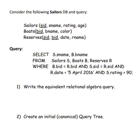 solved consider the following sailors db and query sailors