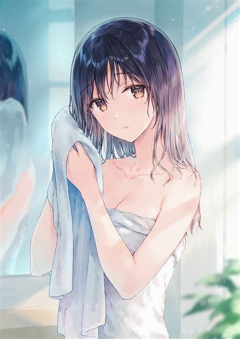 Hiten Hitenkei Original 1girl Breasts Brown Eyes Brown Hair Cleavage Collarbone Drying