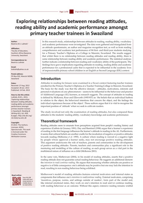 Pdf Exploring Relationships Between Reading Attitudes Reading Ability And Academic