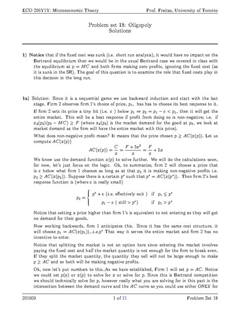 ECO206 Problem Set 18 Solutions Oligopoly Problem Set 18 Oligopoly Solutions Notice That If