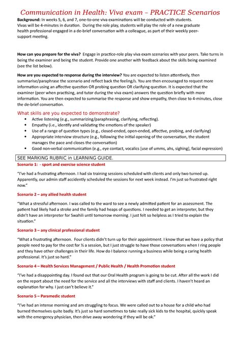 Week 3 And 4 Tutorial Viva Exam Practice Scenarios 2022 Communication In Health Viva Exam