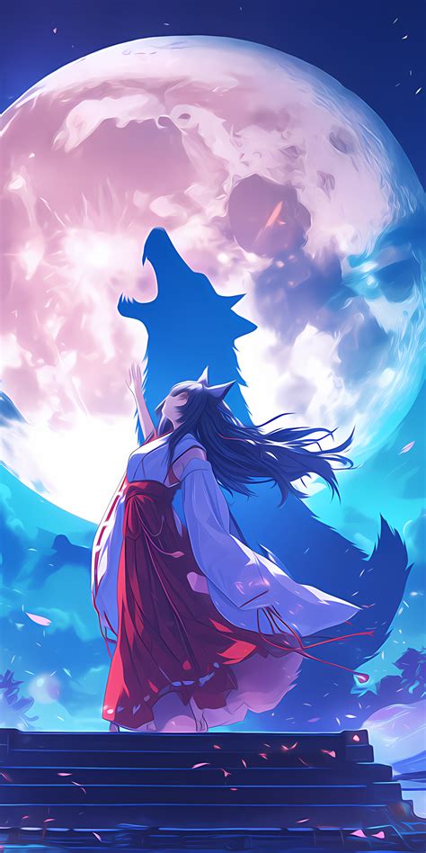 Wolf Spirit Anime Girl Under The Full Moon