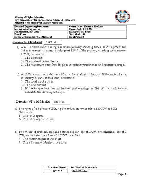 analysis of electrical machines final exam for electrical engineering