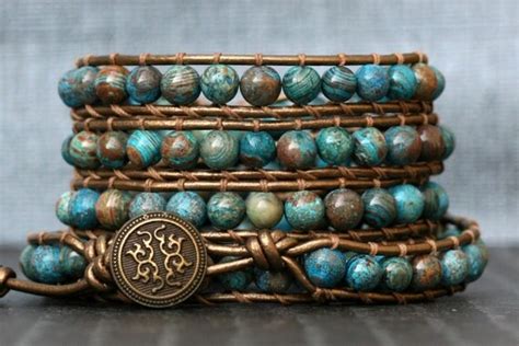 Wrap Bracelet Blue Sky Jasper On Bronze Leather By Corvusdesign