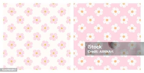 두 개의 벡터 여름 꽃 무늬 심리스 패턴 딸기 또는 과일 나무의 꽃 체리 배 자두 또는 사과 나무와 같은 꽃 섬유 포장지 포장 등에 적합합니다 핑크 색상 0명에 대한 스톡