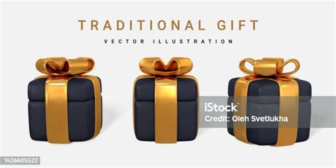 황금 활이있는 3d 현실적인 검은 선물 상자 흰색 배경에 고립 된 리본과 그림자가있는 종이 상자 벡터 일러스트 레이 션 3차원 형태에 대한 스톡 벡터 아트 및 기타 이미지