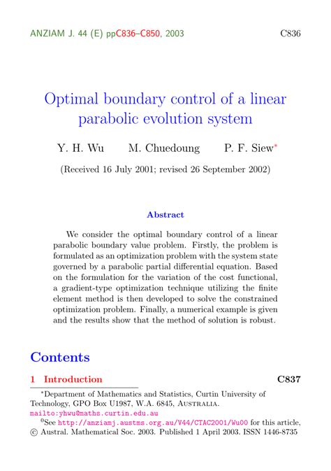 Pdf Optimal Boundary Control Of A Linear Parabolic Evolution System