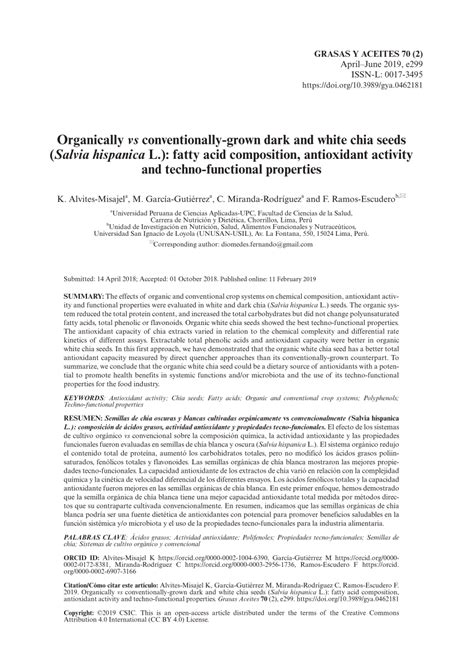 Pdf Organically Vs Conventionally Grown Dark And White Chia Seeds Salvia Hispanica L Fatty