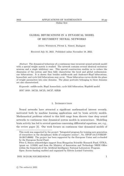 Pdf Global Bifurcations In A Dynamical Model Of Recurrent Neural Networks