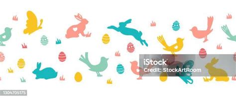 토끼 나비와 새와 원활한 부활절 벡터 경계 수평 패턴 부활절 토끼와 달걀 실루엣을 반복합니다 카드 패브릭 트림 풋터 헤더