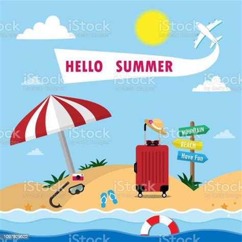 여름 여행 휴가 Elementstrip 디자인 배경입니다 휴일 휴가 바다 해변 다이빙 수하물 카메라 비행기에 이동 합니다 개념에 대한 스톡 벡터 아트 및 기타 이미지