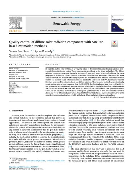 Quality Control Of Diffuse Solar Radiation Component With Satellitebased Estimation Methods Pdf