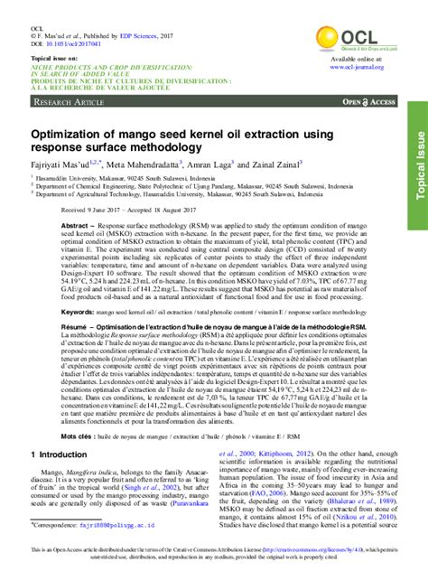 Pdf Optimization Of Mango Seed Kernel Oil Extraction Using Response Surface Methodology