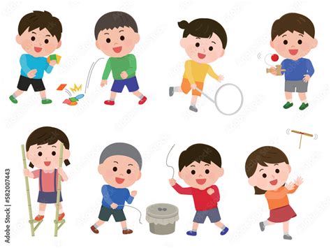 昔のあそびで遊ぶ子どもたち セット メンコ ベーゴマ 竹馬 竹とんぼ リム回し けん玉 イラスト の Stock ベクター Adobe Stock