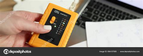 Woman Holds Lan Speed Tester Router Laptop User Checks Internet Stock Photo By Megaflopp