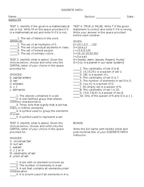 Discrete Math Quiz On Intro To Sets Discrete Math Name