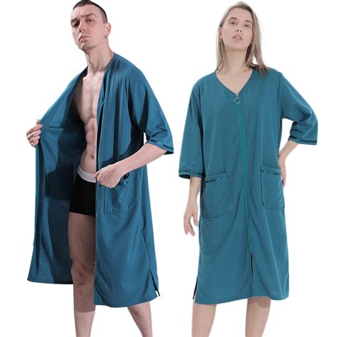 Xmarks Men Women Zipper Robe 34 Sleeves Loungewear Full Length Sleepwear Pockets Housecoat Long