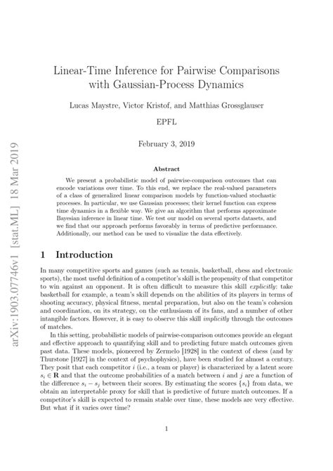 Linear Time Inference For Pairwise Comparisons With Gaussian Process Dynamics Deepai