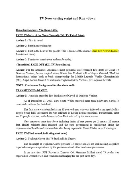 Tv Newscast Script And Rundown 1 Pdf Politics