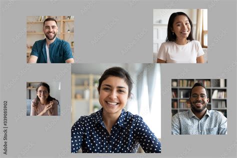 On Gray Background Photos Of Five Multiracial Girls And Guys Smile Look At Camera E Date