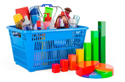 성장 막대 그래프와 파이 차트가 있는 화장품이 있는 장바구니 3d 렌더링 3차원 형태에 대한 스톡 사진 및 기타 이미지 3