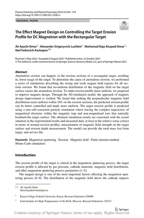 The Effect Magnet Design On Controlling The Target Erosion Profile For Dc Magnetron With The