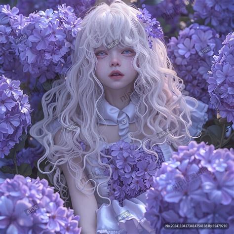 ai创作图绣球花少女 bjd娃娃 紫色花海里的少女 花卉拟人形象 poly风格 梦幻紫绣球色彩 紫色小女孩 sd娃娃 3d女娃 原创手办玩偶
