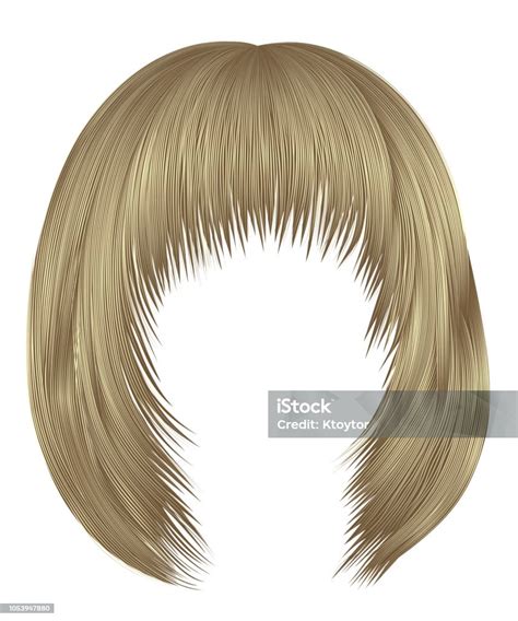유행 여자 머리카락 케어 프린지와 밥 가벼운 금발 색깔입니다 중간 길이입니다 뷰티 스타일입니다 현실적인 3d 이미지입니다 털에 대한 스톡 벡터 아트 및 기타 이미지 Istock