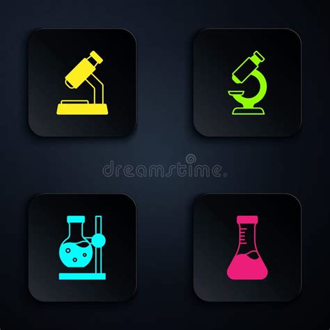 Set Test Tube Microscope Flask On Stand And Black Square Button Vector Stock Vector