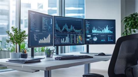 Modern Office Workspace With Multiple Computer Displays Stock