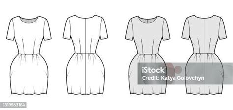 드레스 벨 기술 패션 일러스트와 반소매 몸에 맞는 미니 길이 연필 스커트 플랫 의류 전면 0명에 대한 스톡 벡터 아트 및 기타 이미지 Istock