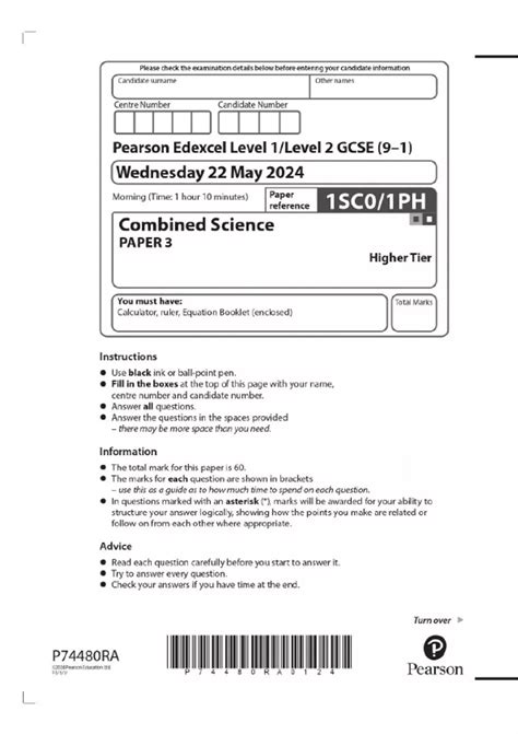 2025 Edexcel Gcse Combined Science Higher Physics Paper 1 Paper 3 Including Mark Scheme