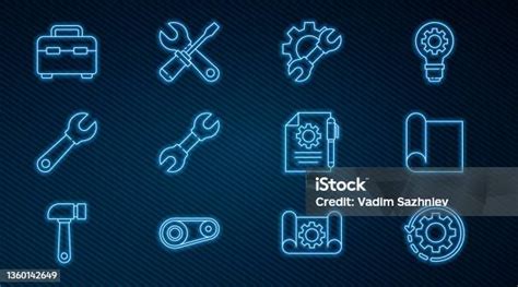 라인 기어 및 화살표를 워크플로우로 설정하고 엔지니어링용 그래프 용지 렌치 스패너 기어 툴박스 문서 설정 펜 및 스크류드라이버 렌치 아이콘을 설정합니다 벡터 건설 산업에