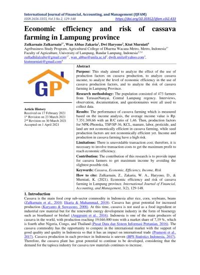 Economic Efficiency And Risk Of Cassava Farming In Lampung Province