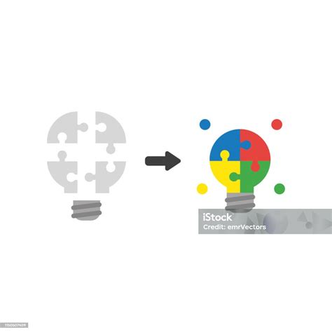 연결 하 고 빛나는 전구 직소 퍼즐 조각의 벡터 아이콘 개념 개념에 대한 스톡 벡터 아트 및 기타 이미지 개념 교육 다중 색상 Istock