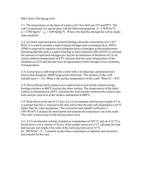 Hw2 Problems Hw2 Mae 3440 Spring 2016 The Temperatures On The Faces