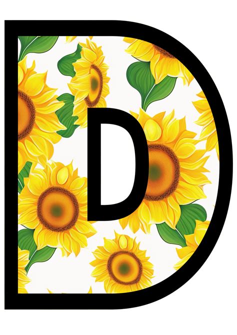 Sunflower Floral Alphabet Letter D With Yellow Sunflower Pattern