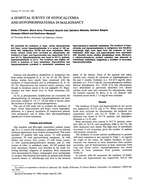 Pdf A Hospital Survey Of Hypocalcemia And Hypophosphatemia In Malignancy