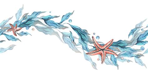 불가사리와 물방울이 있는 파도 모양의 해초 청록색과 산호색으로 그린 수채화 그림 원활한 테두리 배경에서 격리 된 패턴 기포에 대한 스톡 벡터 아트 및 기타 이미지 Istock