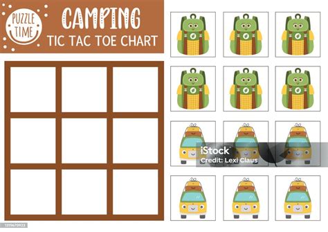 귀여운 캠핑 장비벡터 여름 캠프 틱 택 토 차트 카와이 백팩 밴과 우드랜드 보드 게임 경기장 재미있는 인쇄 가능한 워크 시트 캠핑 Noughts 및 크로스 그리드 캠핑에