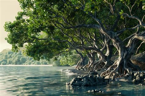 A Tree With The Roots That Is In The Water Premium AI Generated Image