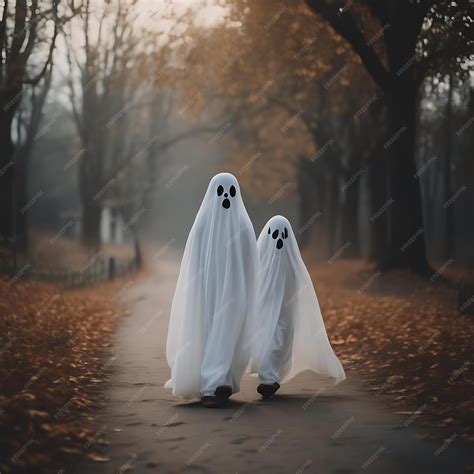 Premium Photo Two White Ghosts Walk Down A Path In A Forest