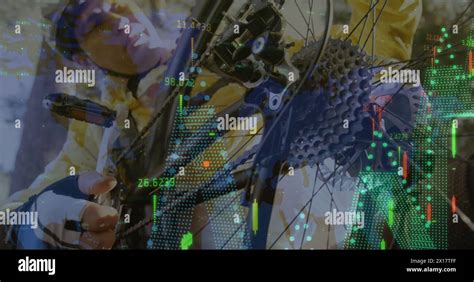 Image Of Financial Data Recording Over Man Fixing Wheel Of His Bike During Cycling In The